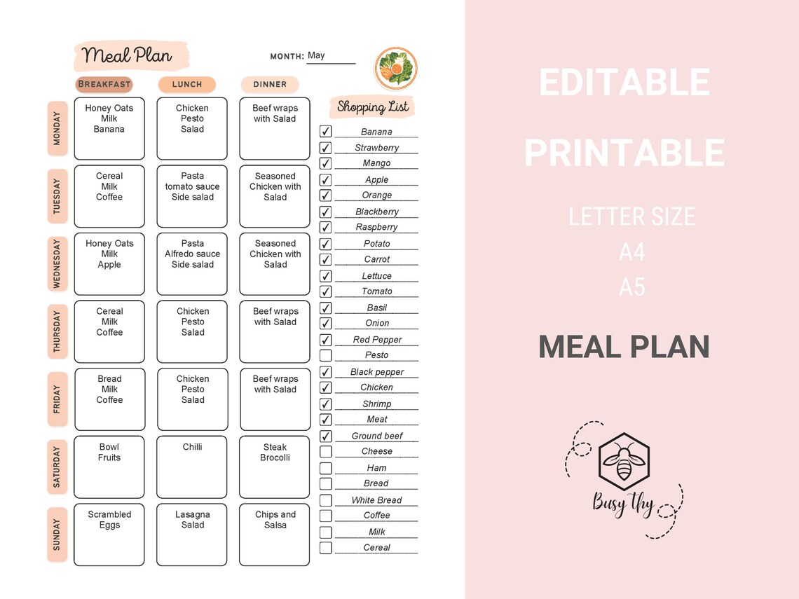 EDITABLE Meal Planner Printable Week Meal Planner Menu Plan - Etsy Canada