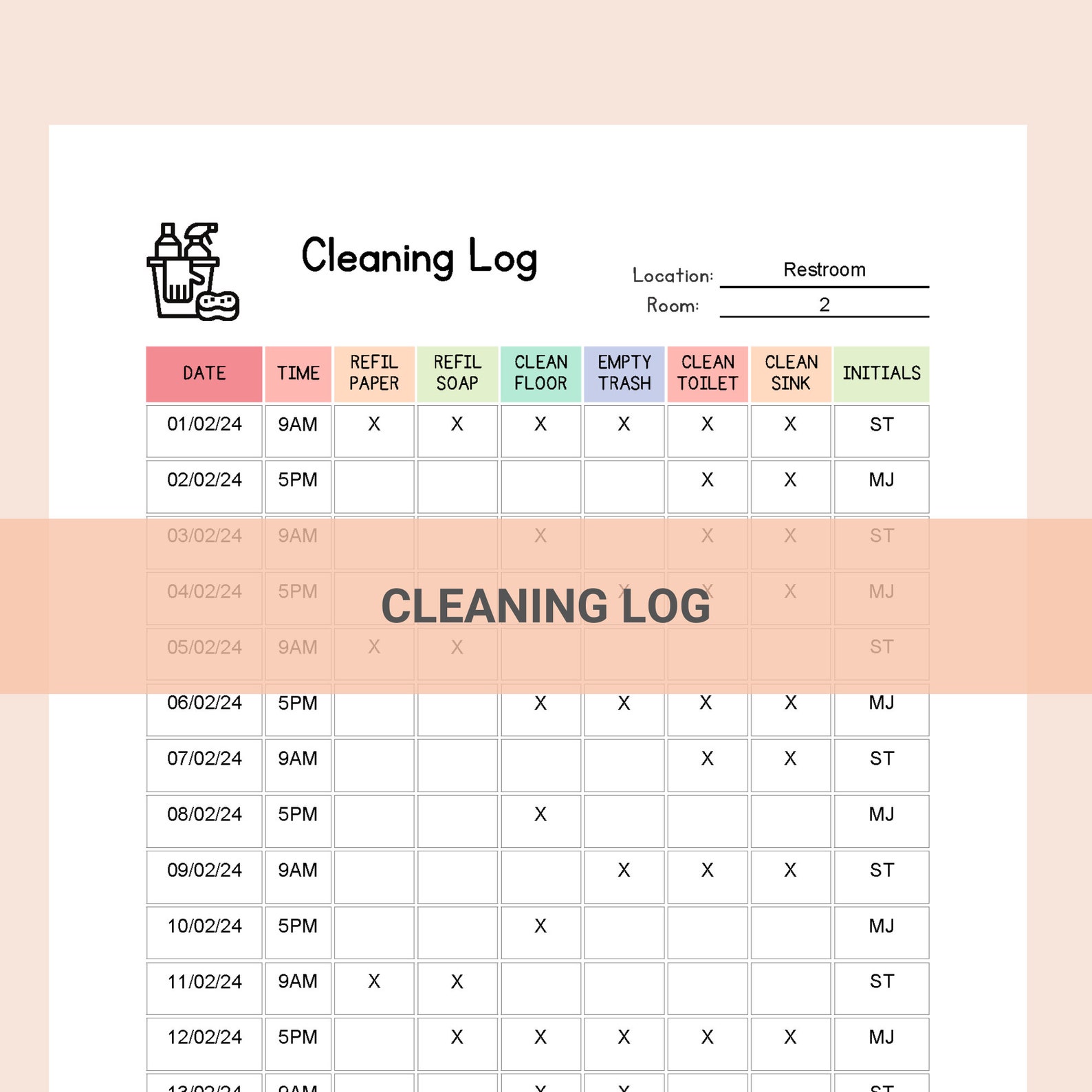 Editable Restroom Cleaning Log Printable (letter & A4) - Etsy Canada