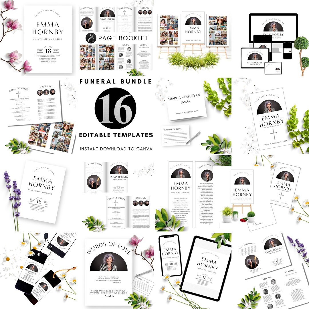 Funeral Set of 16 Templates| Downloadable Editable Obituary Bundle ...