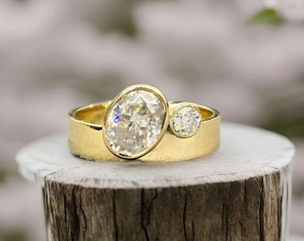 Wide Band Oval and Round Cut Engagement Ring for Women-bezel Set ...