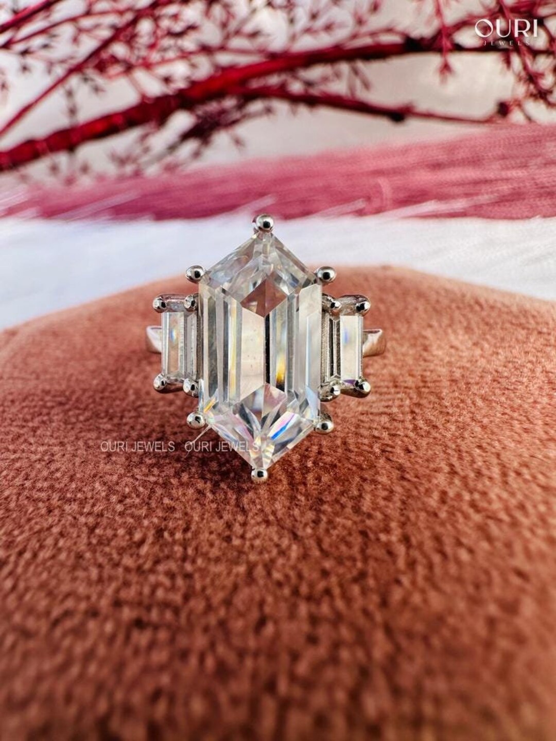 Elongated Hexagon Step Cut Moissanite Ring Emerald Cut Moissanite Side ...