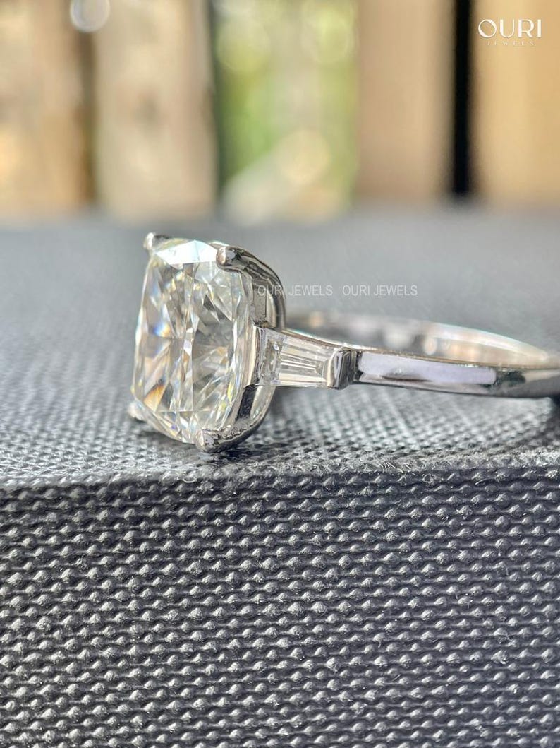 Cushion Cut Three Stone Engagement Ring, Side Stone Tapered Baguette ...