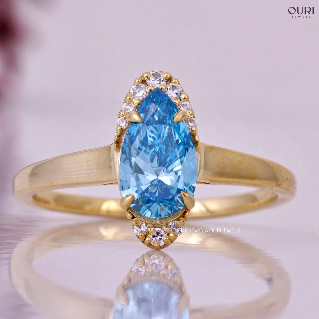 Blue Pear Engagement Ring Lab Grown Pear Cut Diamond Ring Unique Gold ...