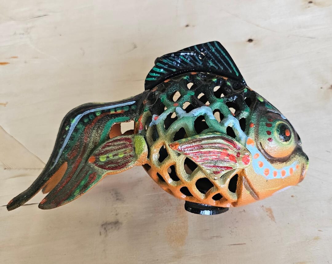 Hand Painted Cast Iron Goldfish Koi Tea Light Holder Hanging or Table ...