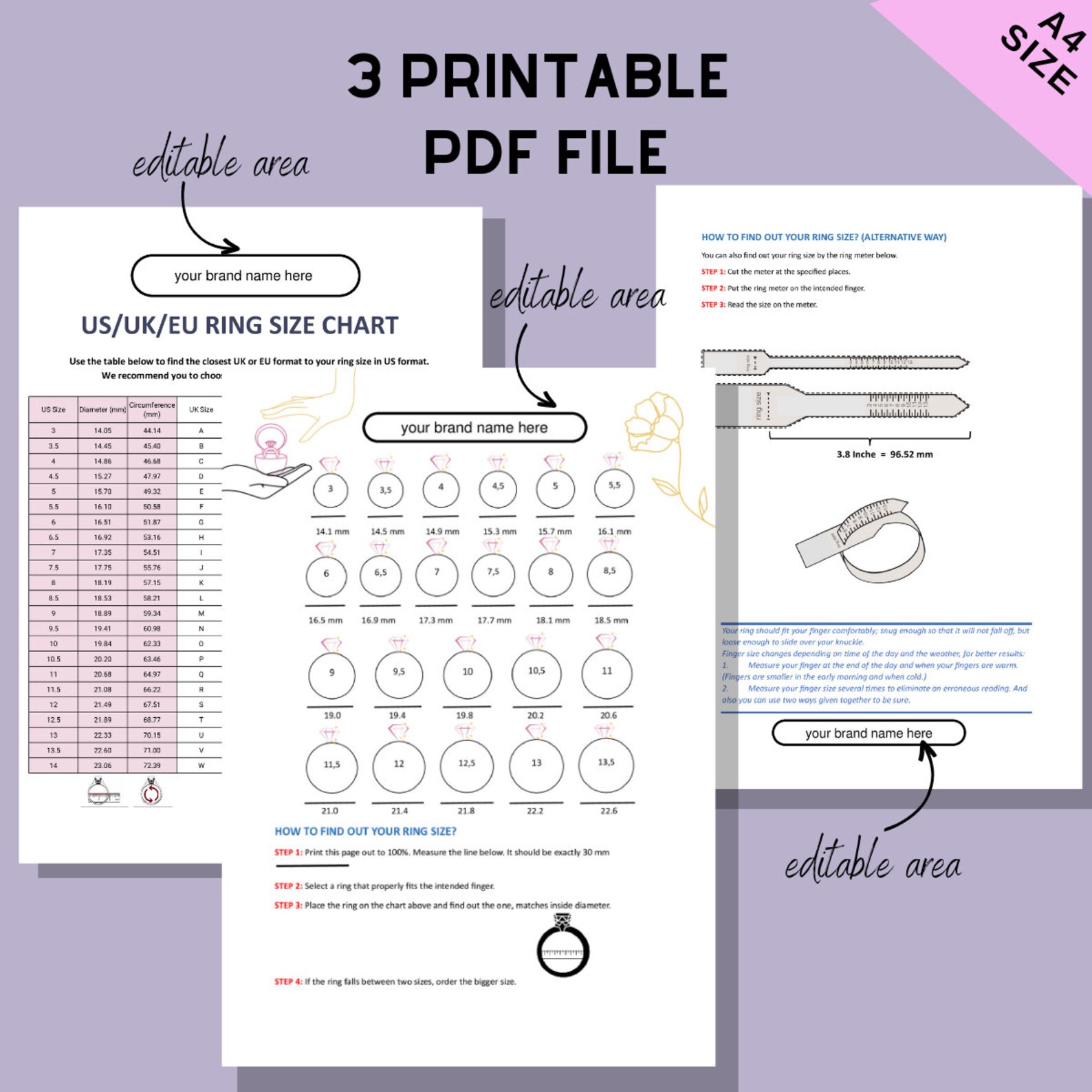 Editable Ring Size Chart, Ring Size Guide, US Ring Size Chart, Ring ...