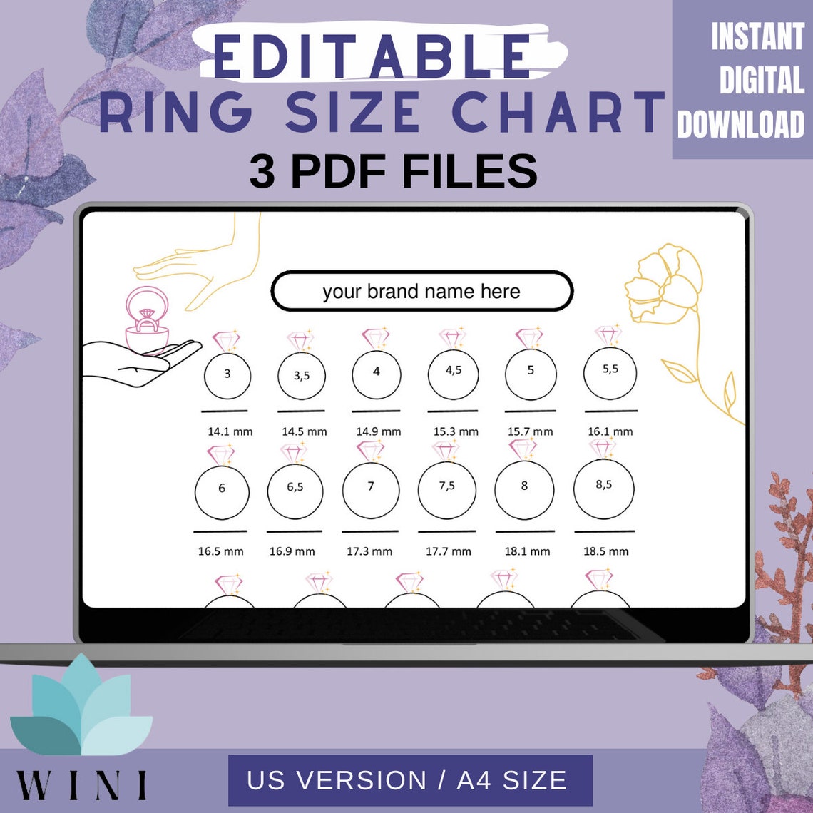 Editable Ring Size Chart, Ring Size Guide, US Ring Size Chart, Ring ...