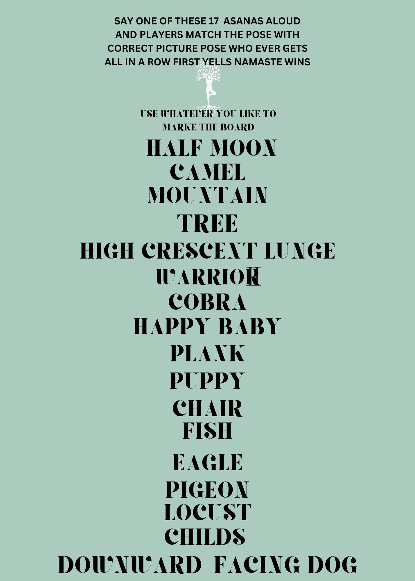 Fun Yoga Bingo With Yoga Poses and Words - Etsy