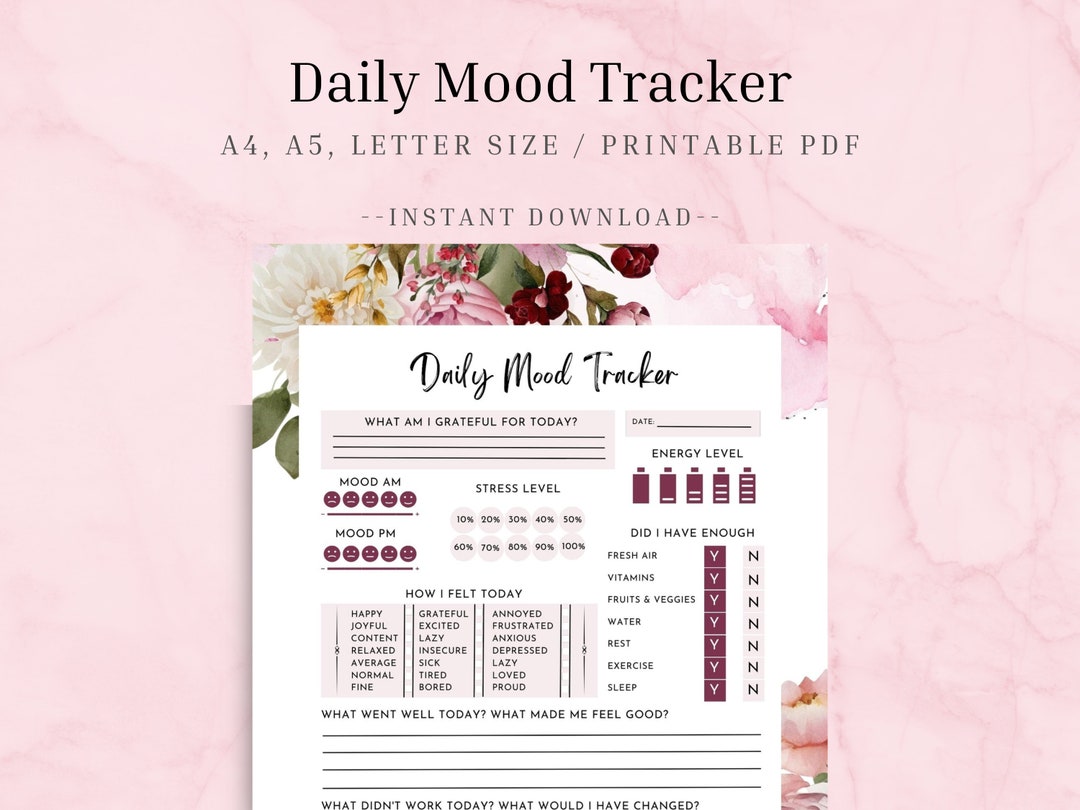 Pink Floral, Blush Rose Daily Mood Tracker, Simple Design, Mood Tracker ...