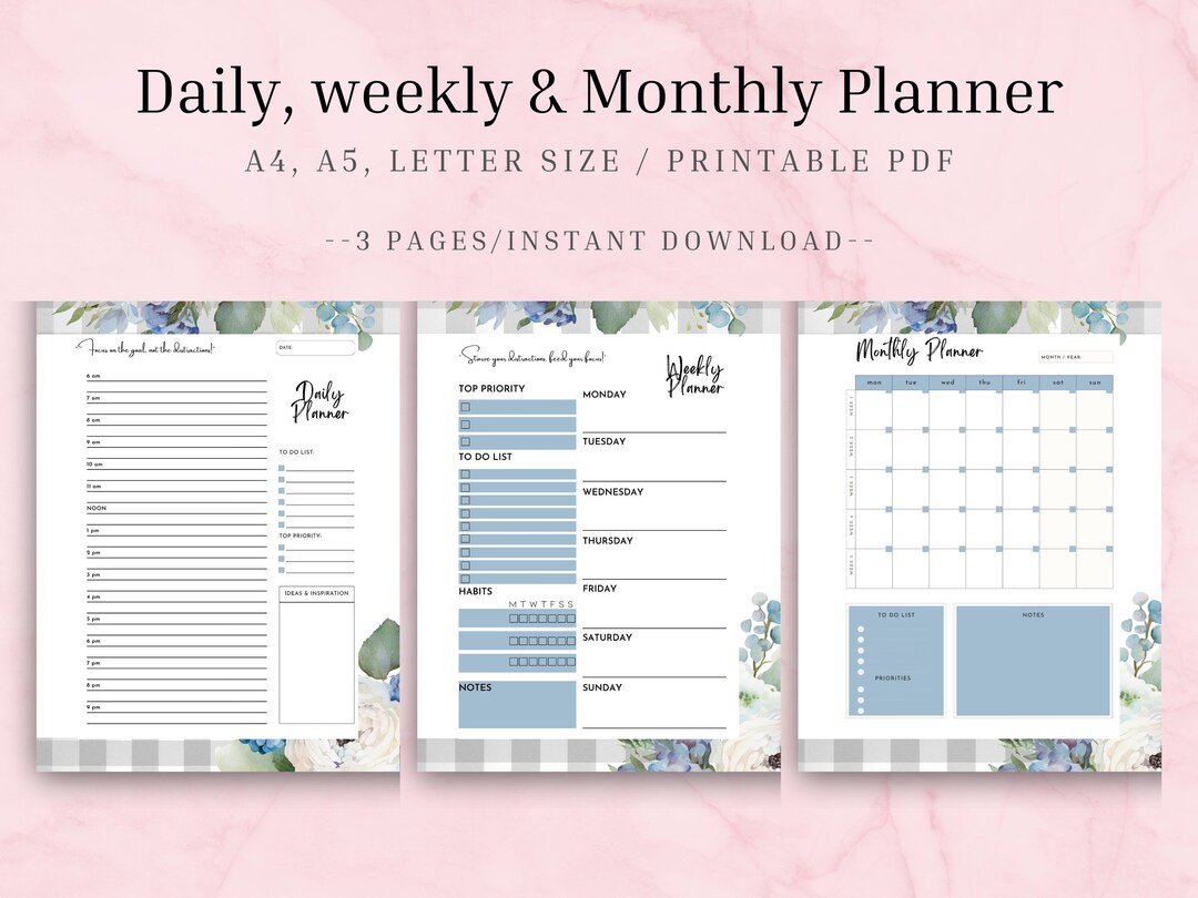 Blue Flower Planner Pages, Grey & White Gingham Daily, Weekly, Monthly ...