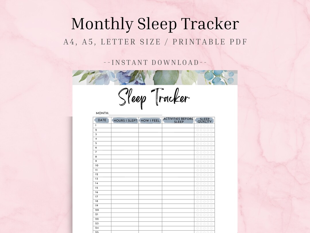 Blue Floral Printable Monthly Sleep Tracker, Sleep Analysis Chart ...