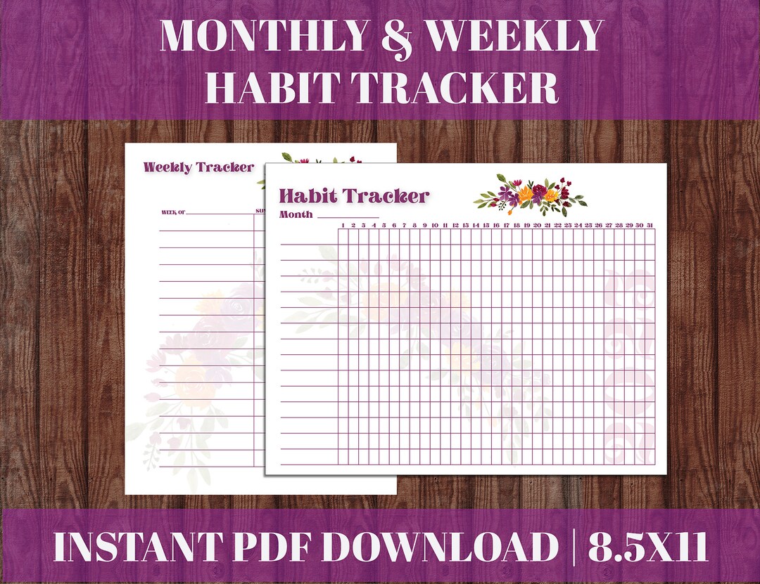 Watercolor Floral Habit Tracker Bundle Weekly Monthly Burgundy Orange ...