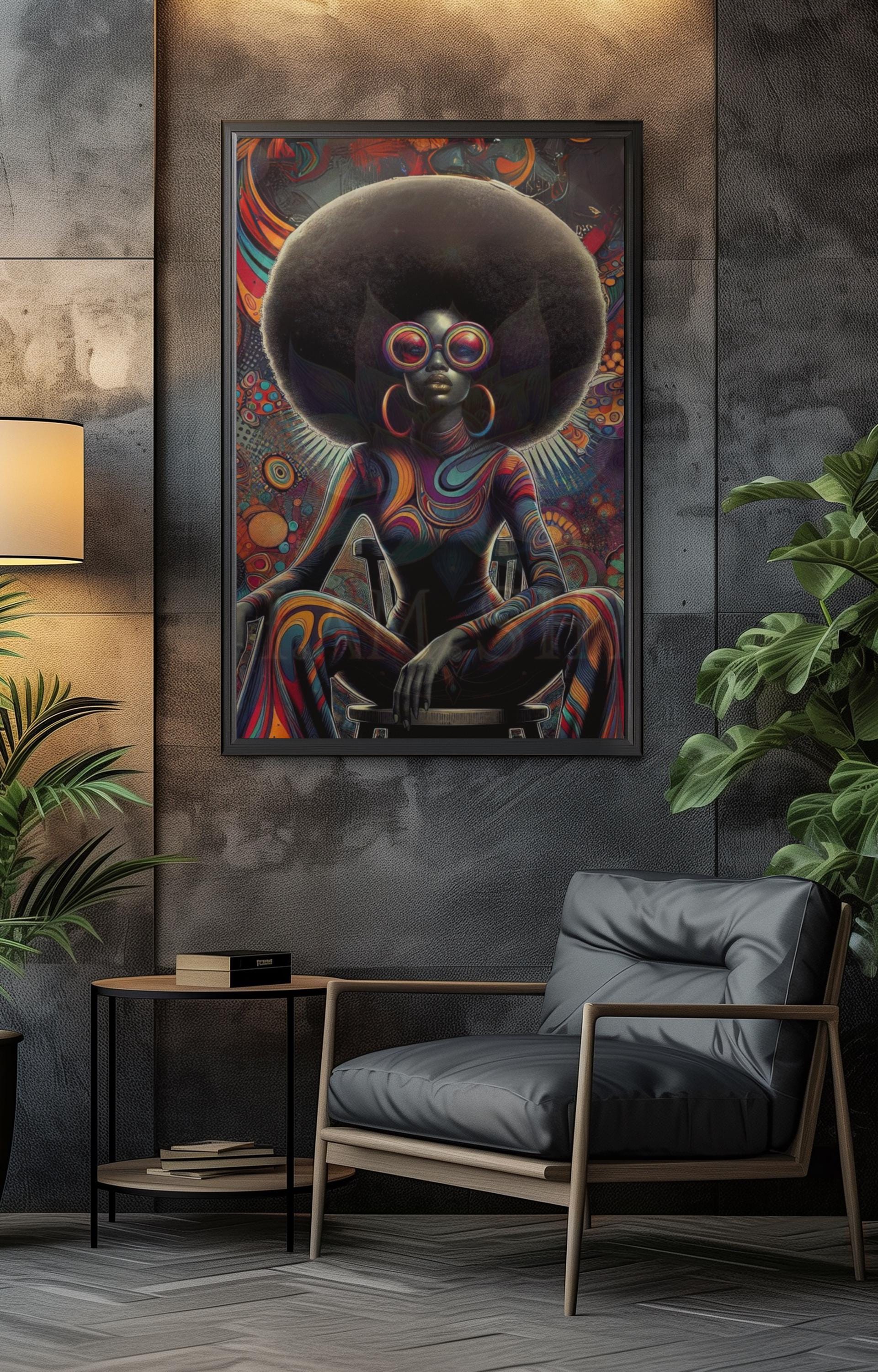 Afro Psychedelic Wall Art Black Woman Art Print, Colorful 70s Retro ...