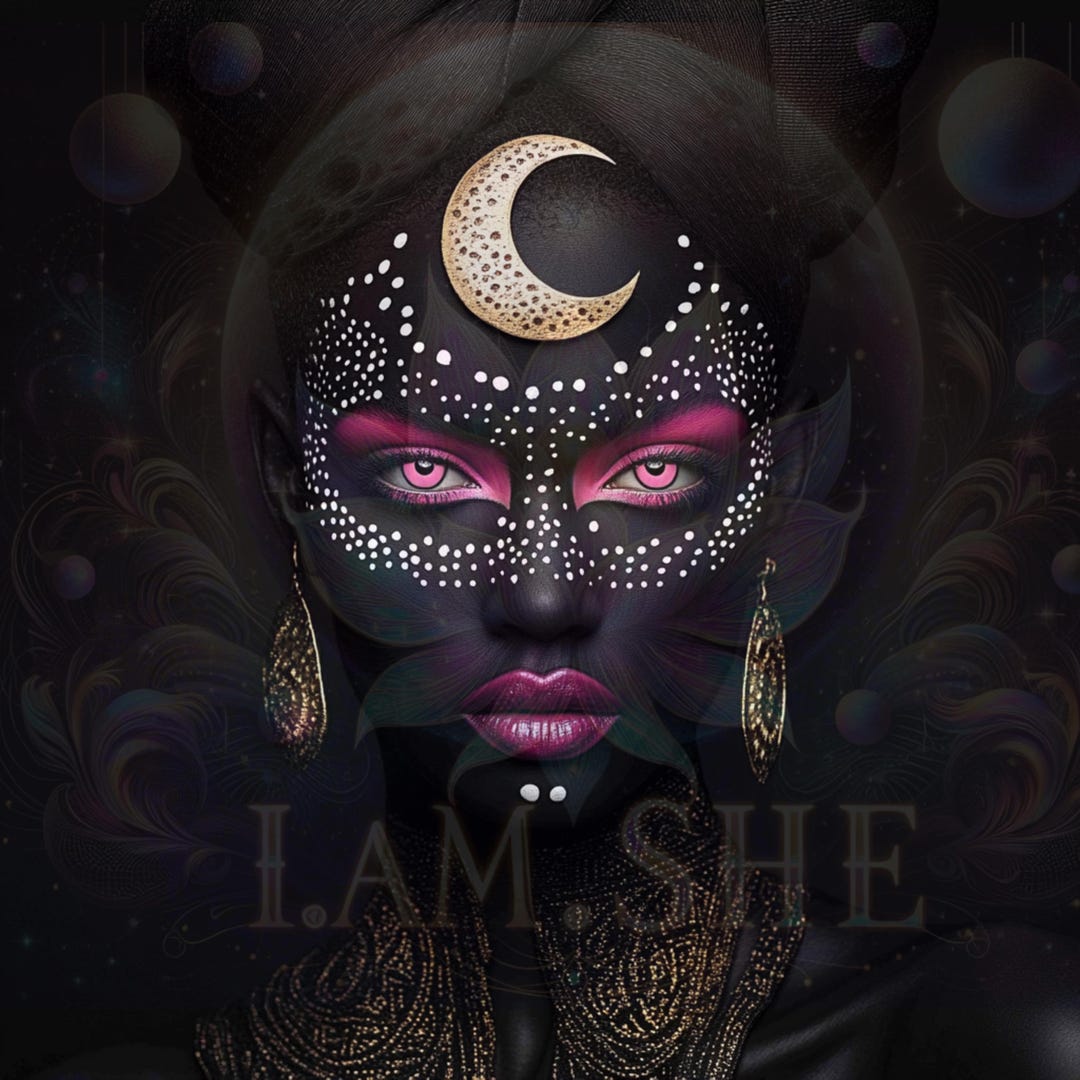 Mystical African Goddess Wall Art Celestial Black Woman Portrait, Gold ...