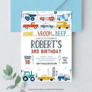 Editable Transportation Birthday Invitation Trucks Cars Diggers Tractor ...
