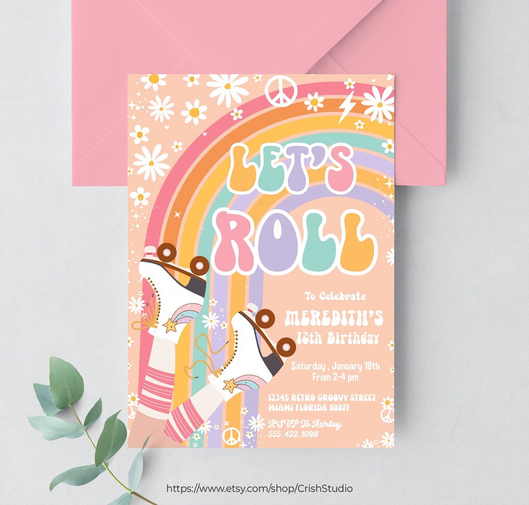Editable Skate Party Invitation Roller Skates Girls Skate Party Groovy ...