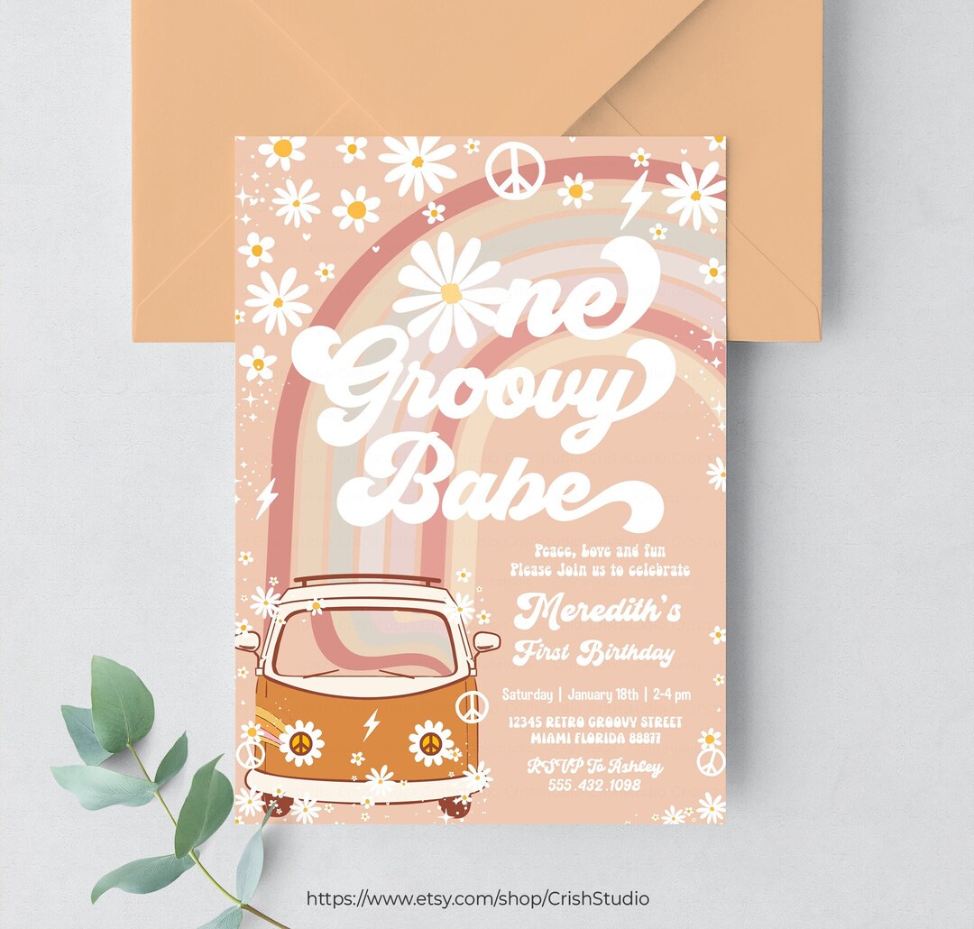 One Groovy Babe Birthday Invitation Hippie Van Editable Groovy One ...