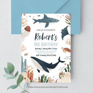 Under the Sea Box Label Editable Ocean Theme Birthday Boy Whale Turtle ...