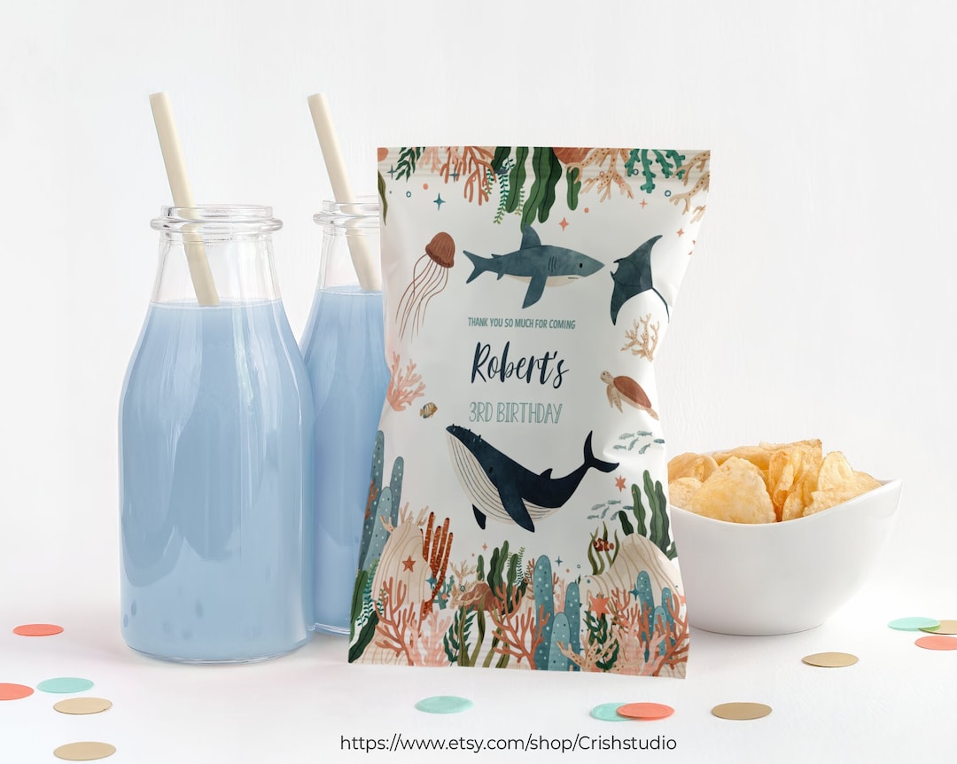 Under the Sea Chip Bag Editable Ocean Theme Birthday Boy Whale Turtle ...