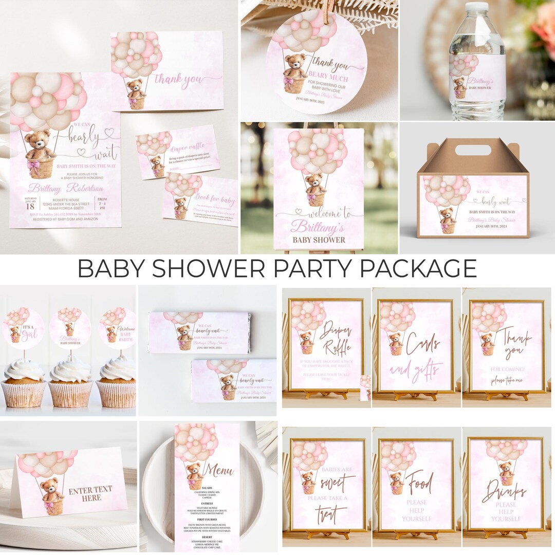 EDITABLE Teddy Bear Baby Shower Bundle Baby Girl Shower Bear Baby ...