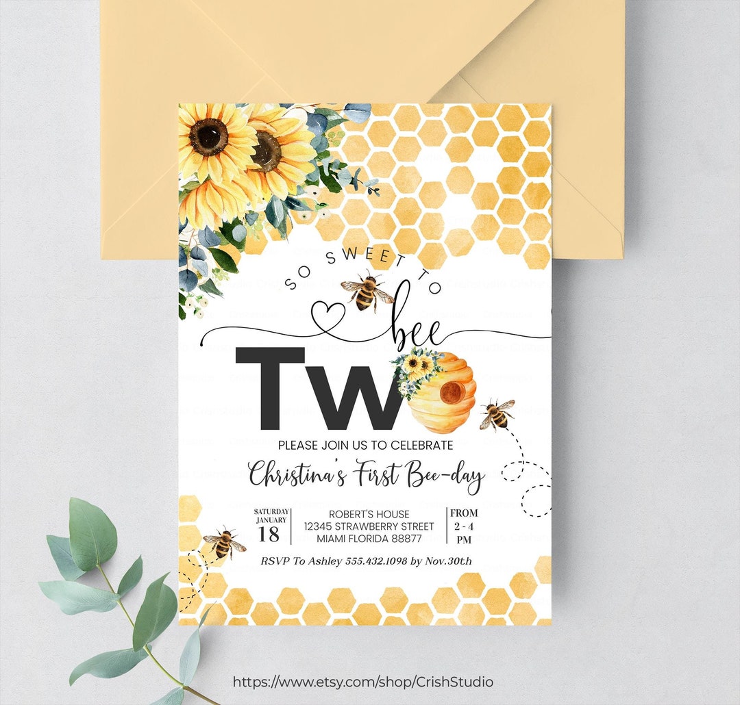 Editable Bee Birthday Card Bee Theme Bee Party Birthday Card 2nd ...