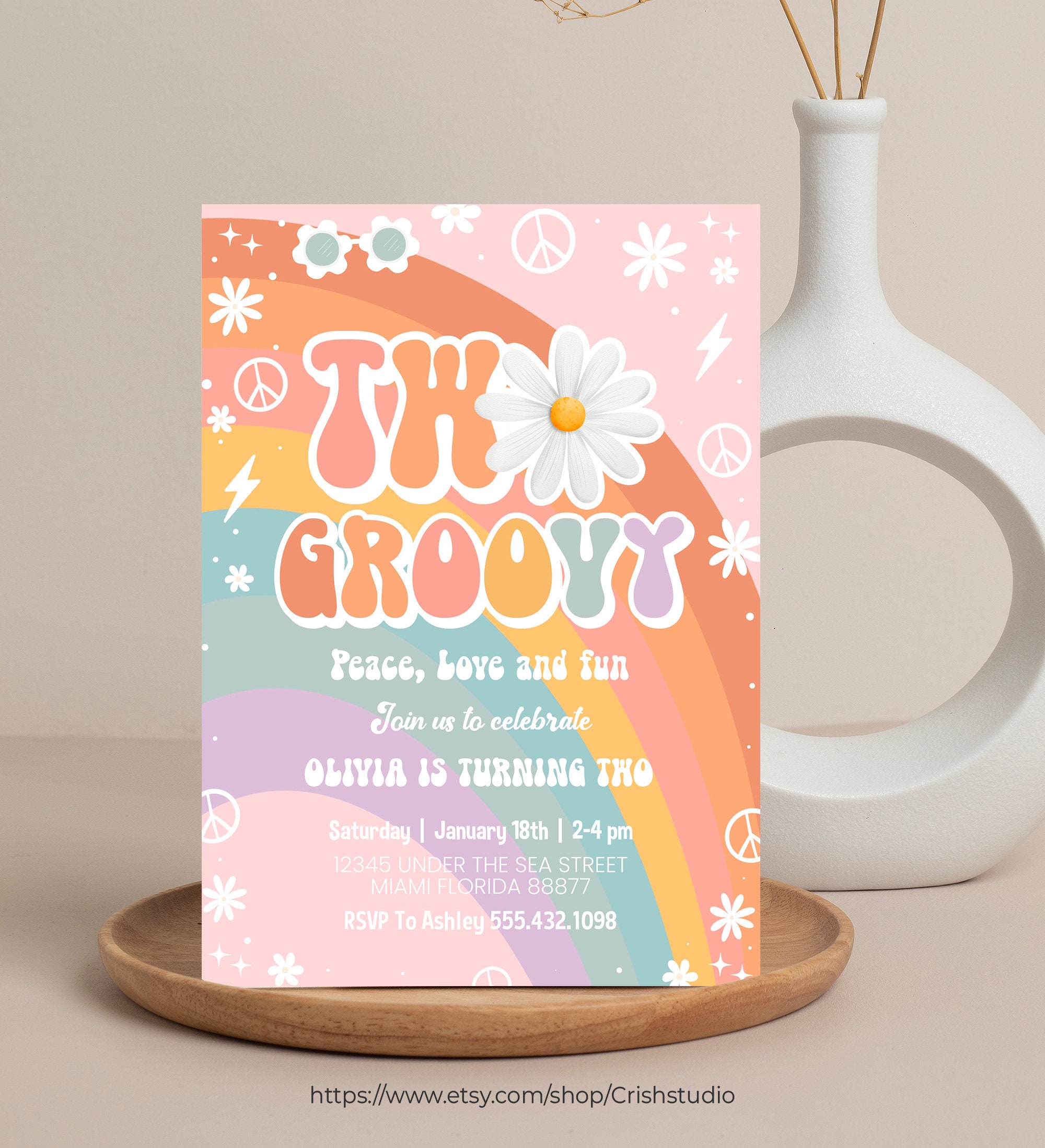 Editable Two Groovy Invitation Groovy 2nd Birthday Invite Pink Daisy ...