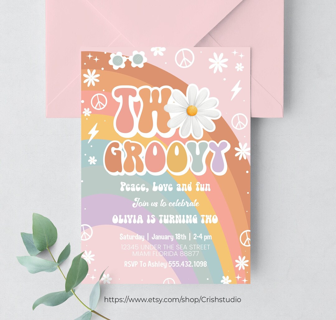 Editable Two Groovy Invitation Groovy 2nd Birthday Invite Pink Daisy ...