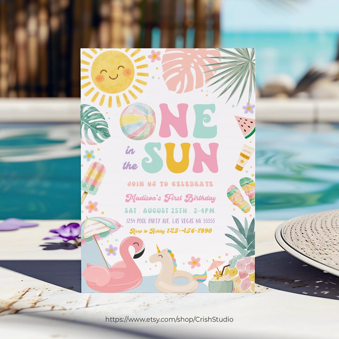 Editable One in the Sun Pool Party Birthday Invitation Pool Party With ...
