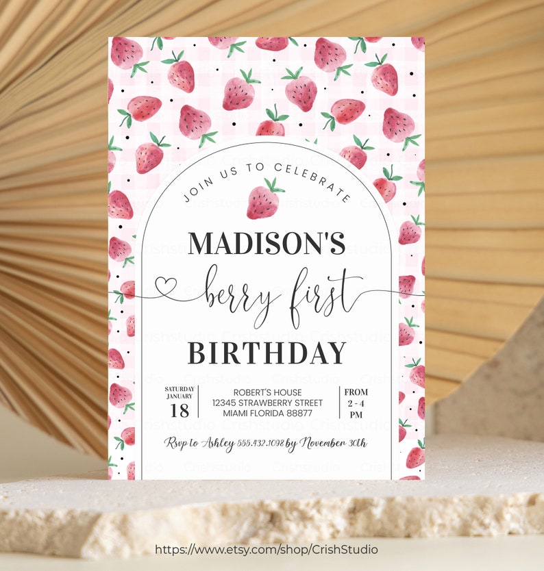 EDITABLE Berry First Birthday Invitation Strawberry Invitation - Etsy