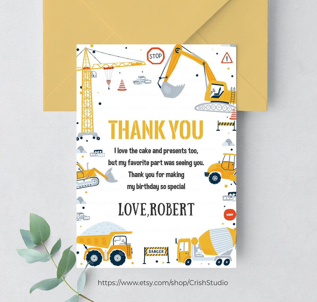 EDITABLE Construction Thank You Card Thank You Notes Cute Construction ...