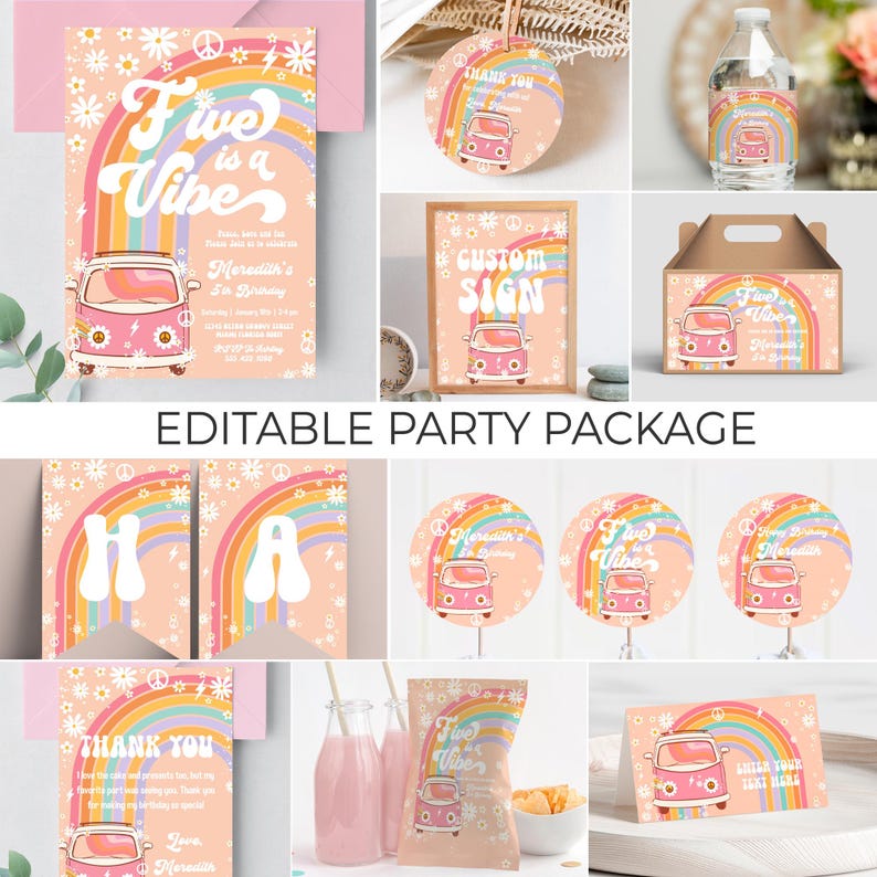 EDITABLE Groovy Birthday Welcome Sign Five is a Vibe Groovy Decorations ...