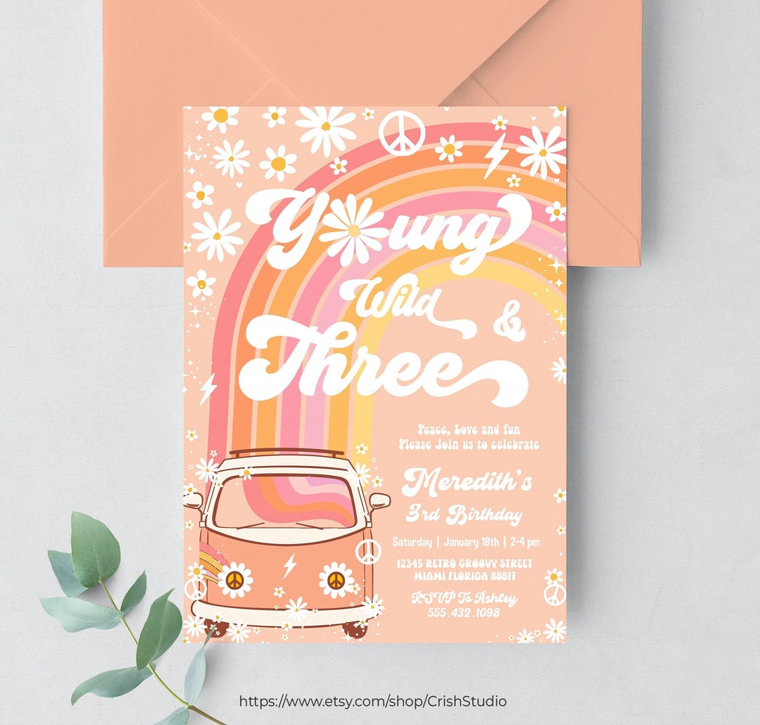 Young Wild and Three Birthday Invitation Hippie Van Editable Young Wild ...