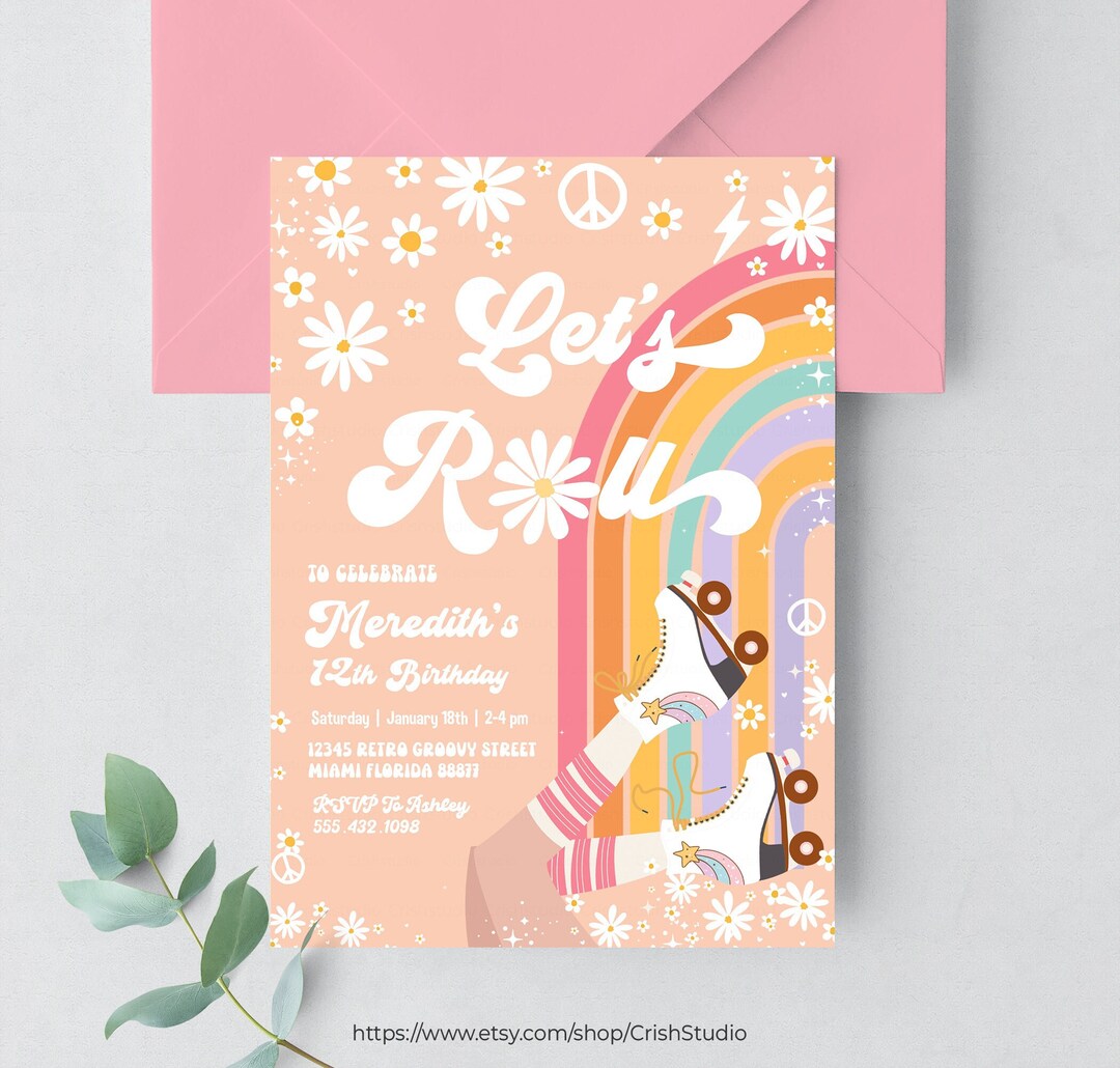 Editable Skate Party Invitation Roller Skates Girls Skate Party Groovy ...