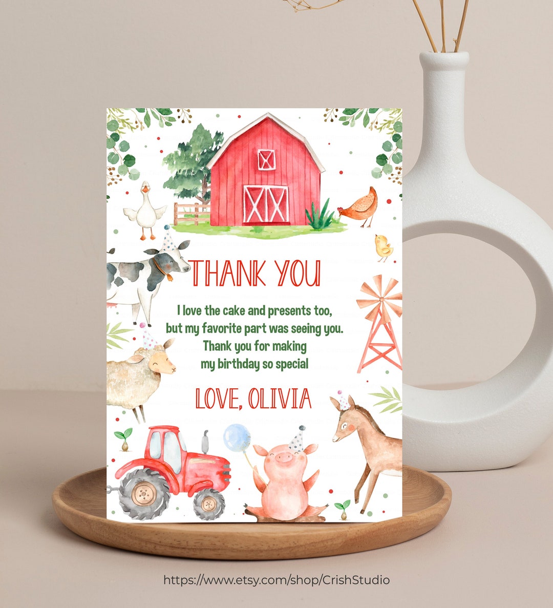 EDITABLE Farm Birthday Thank You Card Party Favors Greeting Card Farm ...