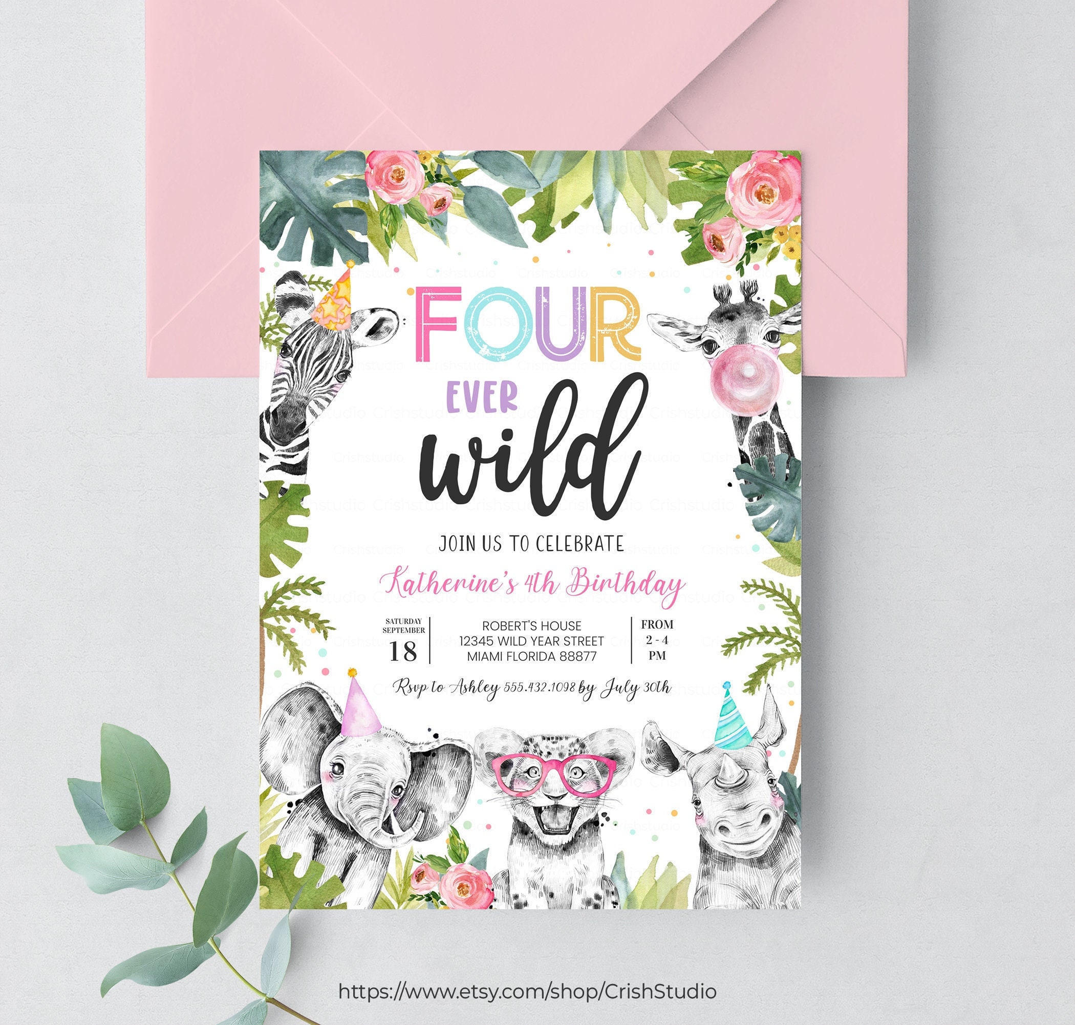EDITABLE Four Ever Wild Birthday Invitation Safari Birthday Safari ...