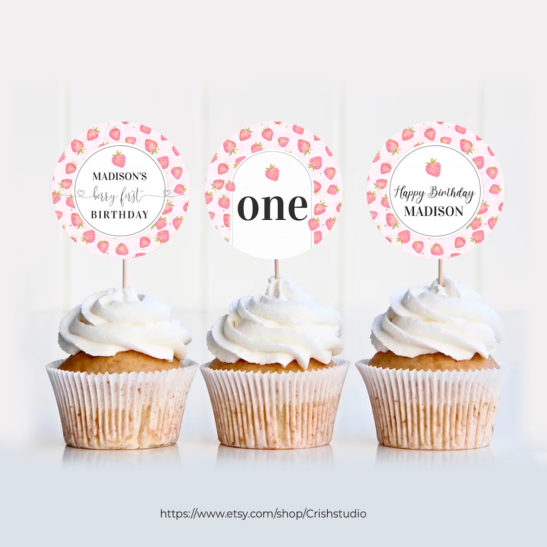 Berry First Birthday Cupcake Toppers Strawberry Birthday Cake Topper ...