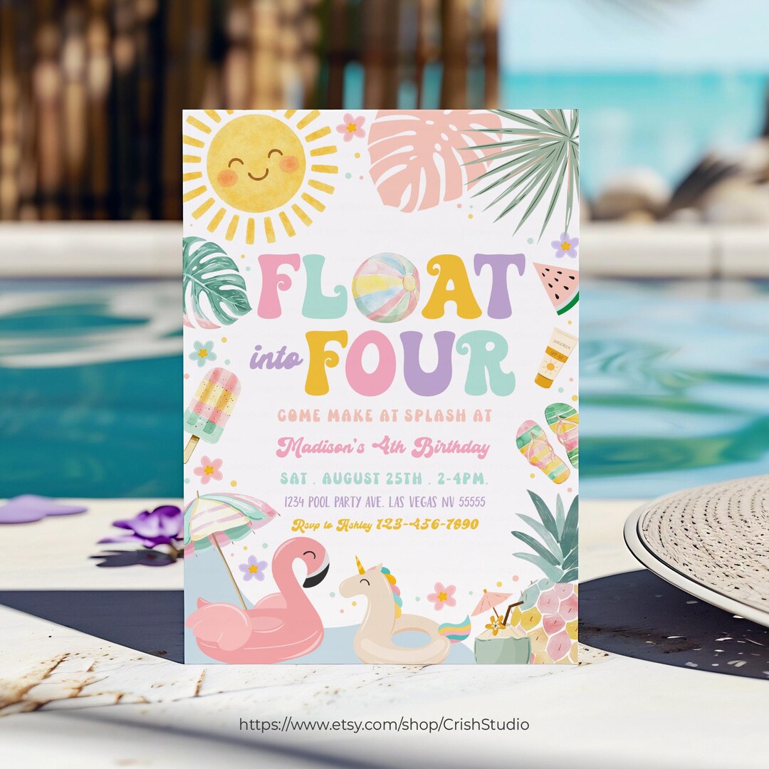 Editable Float Into Four Pool Party Birthday Invitation Pool Party With ...