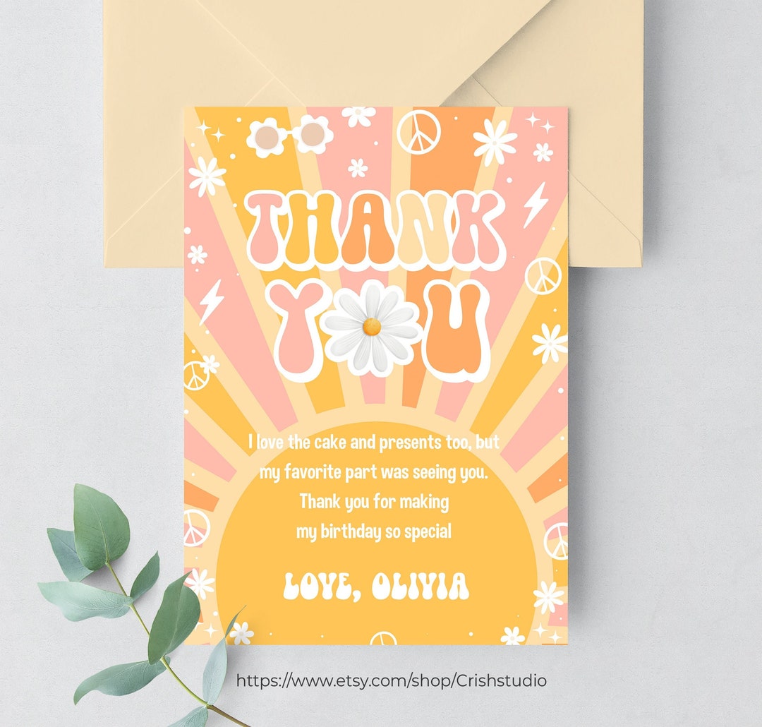 Editable Groovy Thank You Card Two Daisy Birthday Note Card Hippie ...