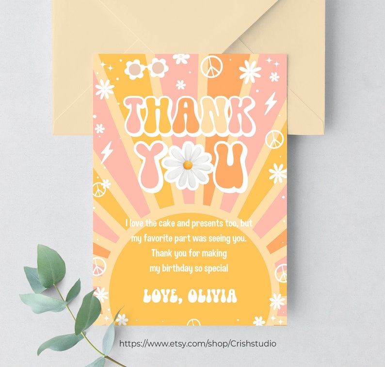 Editable Groovy Thank You Card Two Daisy Birthday Note Card - Etsy