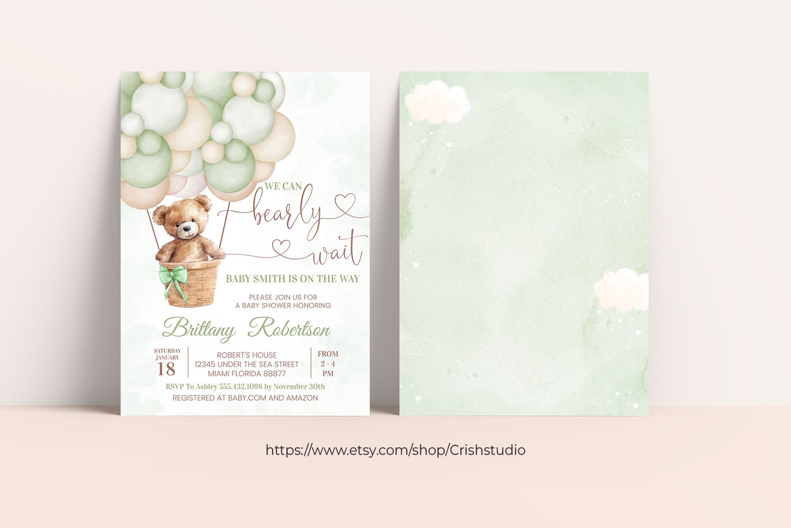 Editable We Can Bearly Wait Baby Shower Invitation Teddy Bear Sage Hot ...