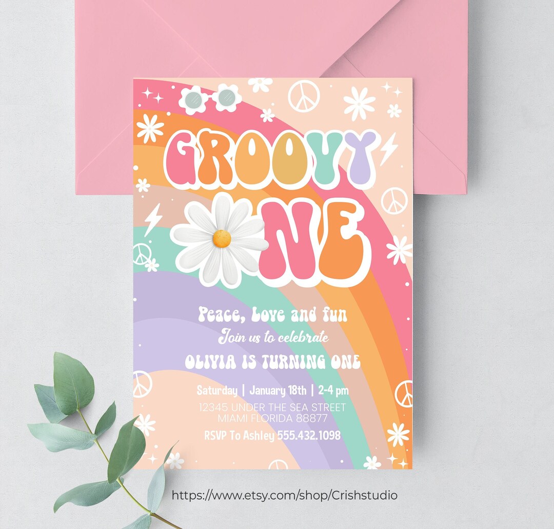 Editable Groovy ONE Birthday Invitation Pink Daisy Rainbow Groovy Van ...