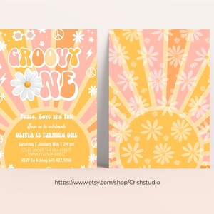 Editable Groovy ONE Birthday Invitation Pink Daisy Rainbow Groovy Van ...