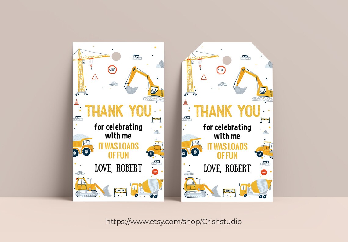Editable Construction Favor Tags Dump Truck Digger Excavator ...