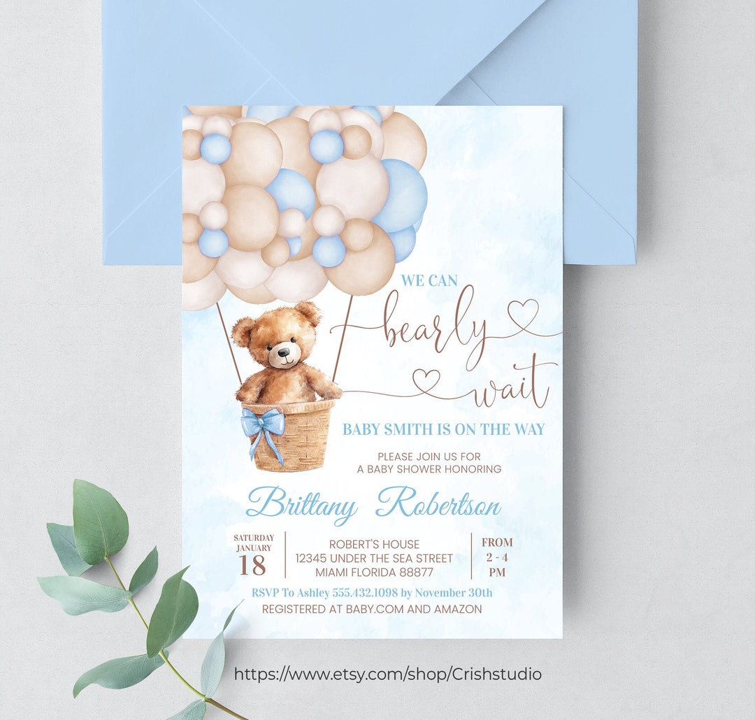 Editable We Can Bearly Wait Baby Shower Invitation Teddy Bear Hot Air ...