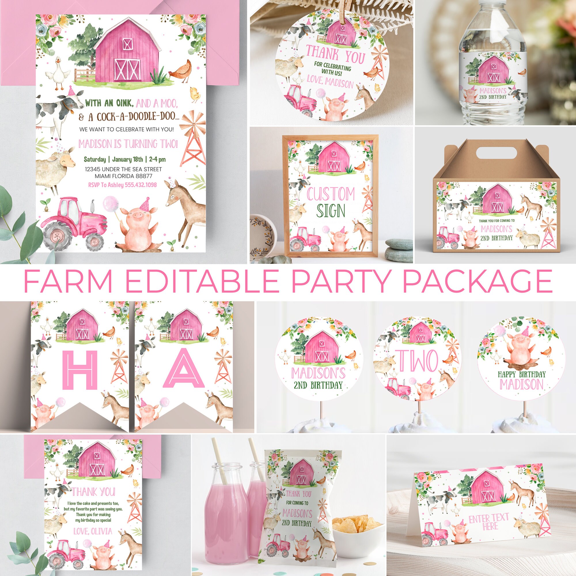 EDITABLE Birthday Favor Tags Farm Birthday Party Farm Party Decor Pink ...