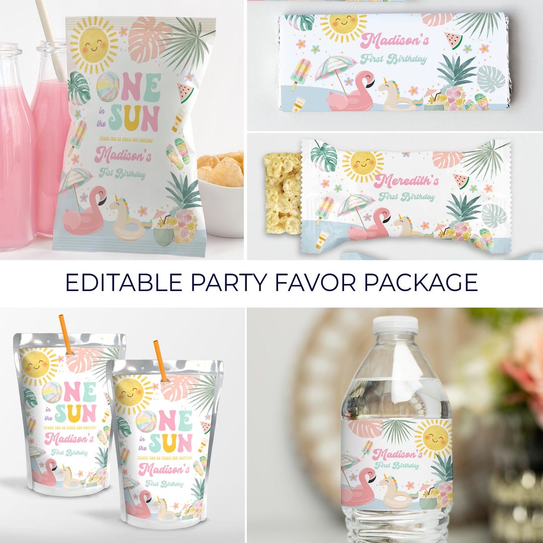 Editable One in the Sun Pool Party Birthday Package Party Favor Package ...