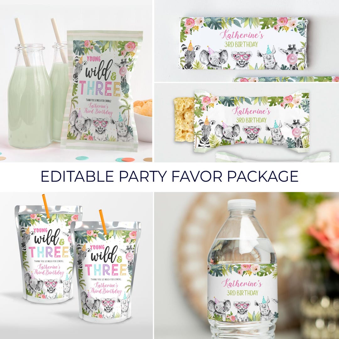 EDITABLE Young Wild and Three Birthday Party Favor Package 3rd Birthday ...