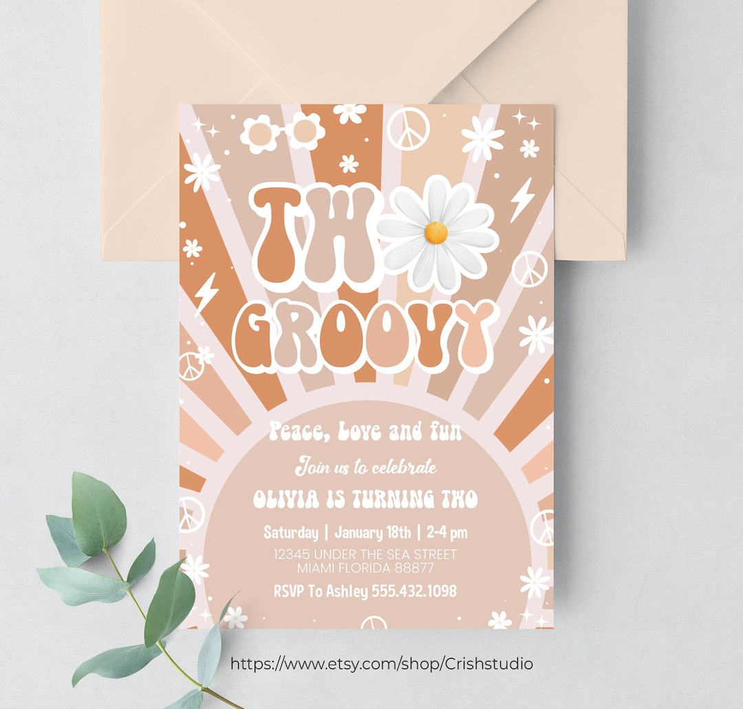 Editable Two Groovy Invitation Groovy 2nd Birthday Invite Pink Daisy ...