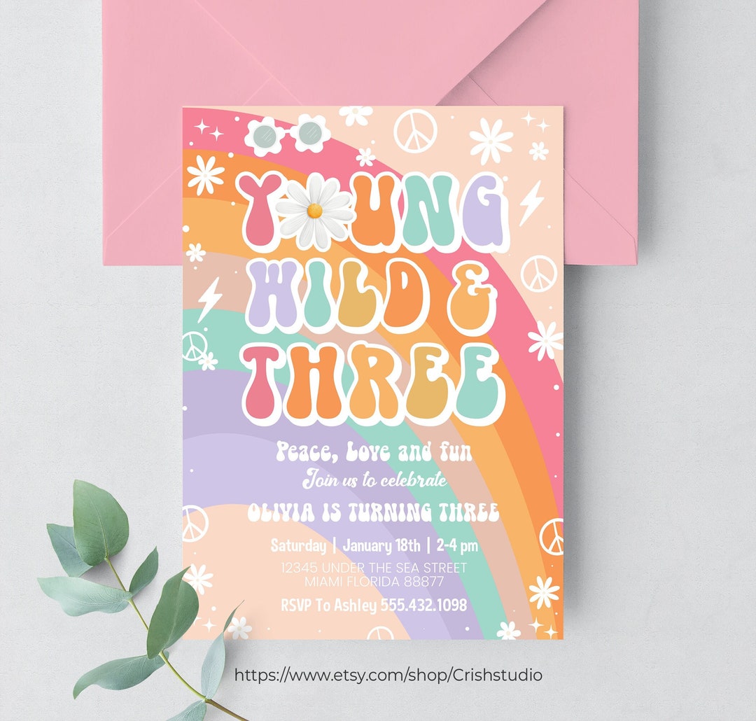 Editable Groovy Young Wild and Three 3rd Birthday Invitation Rainbow ...