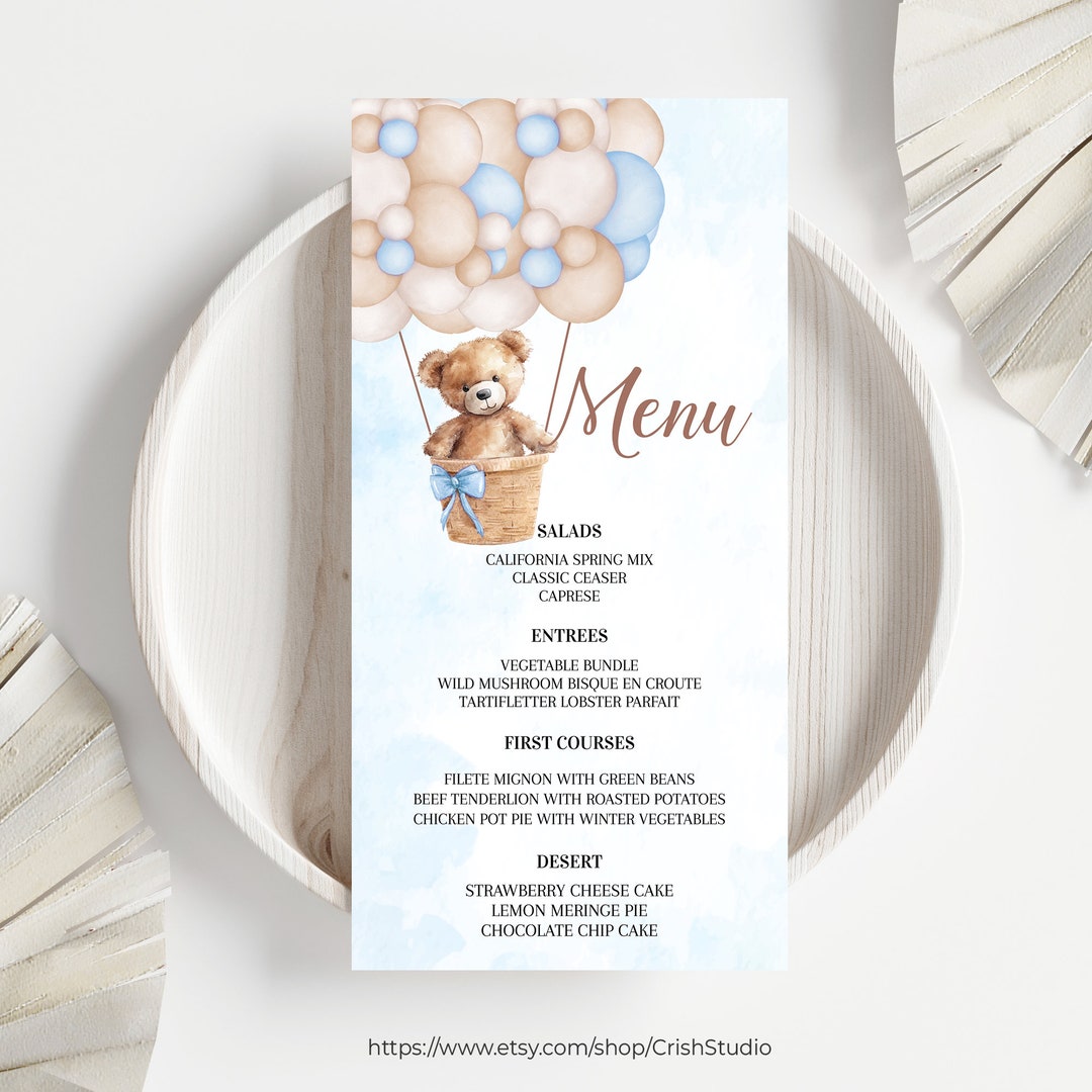EDITABLE Teddy Bear Baby Shower Menu Template Custom Menu Template Bear ...