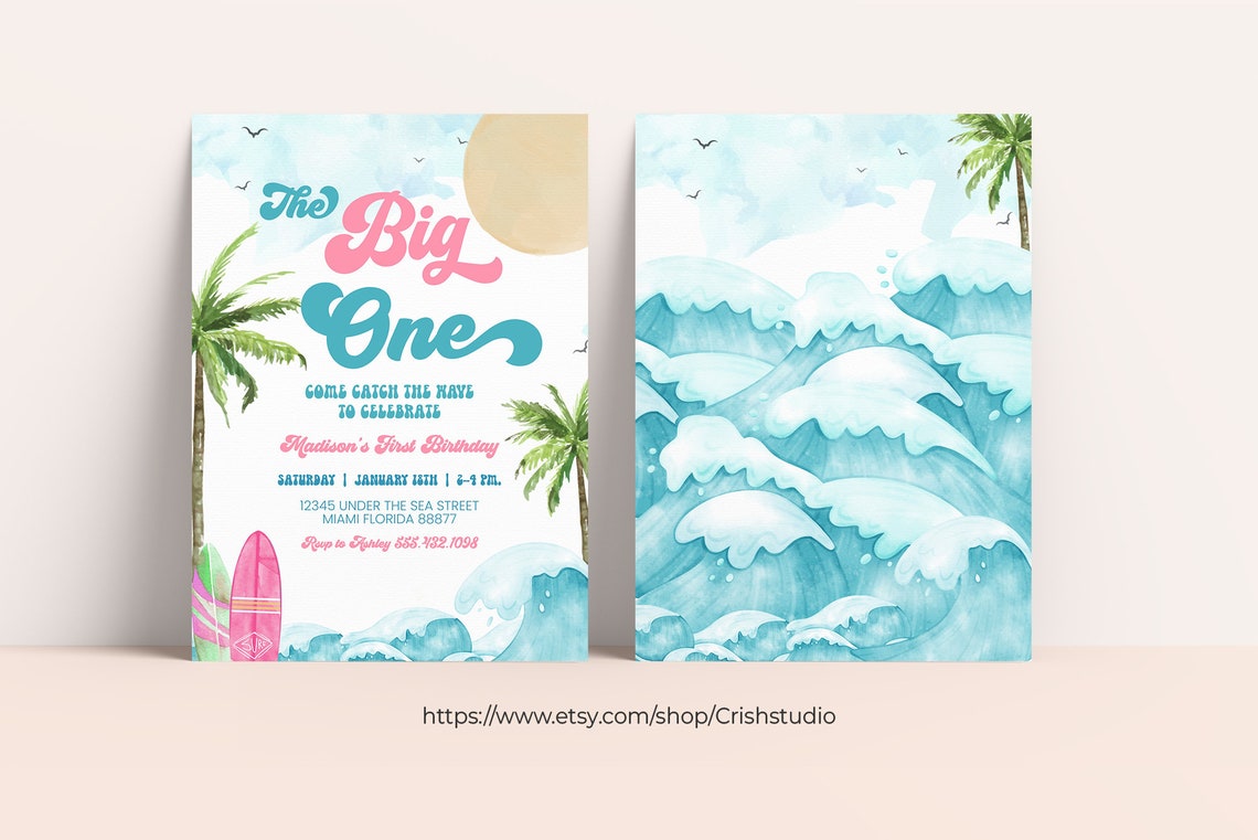 Editable Girl the Big One Surfing 1st Birthday Party Invitation Retro ...